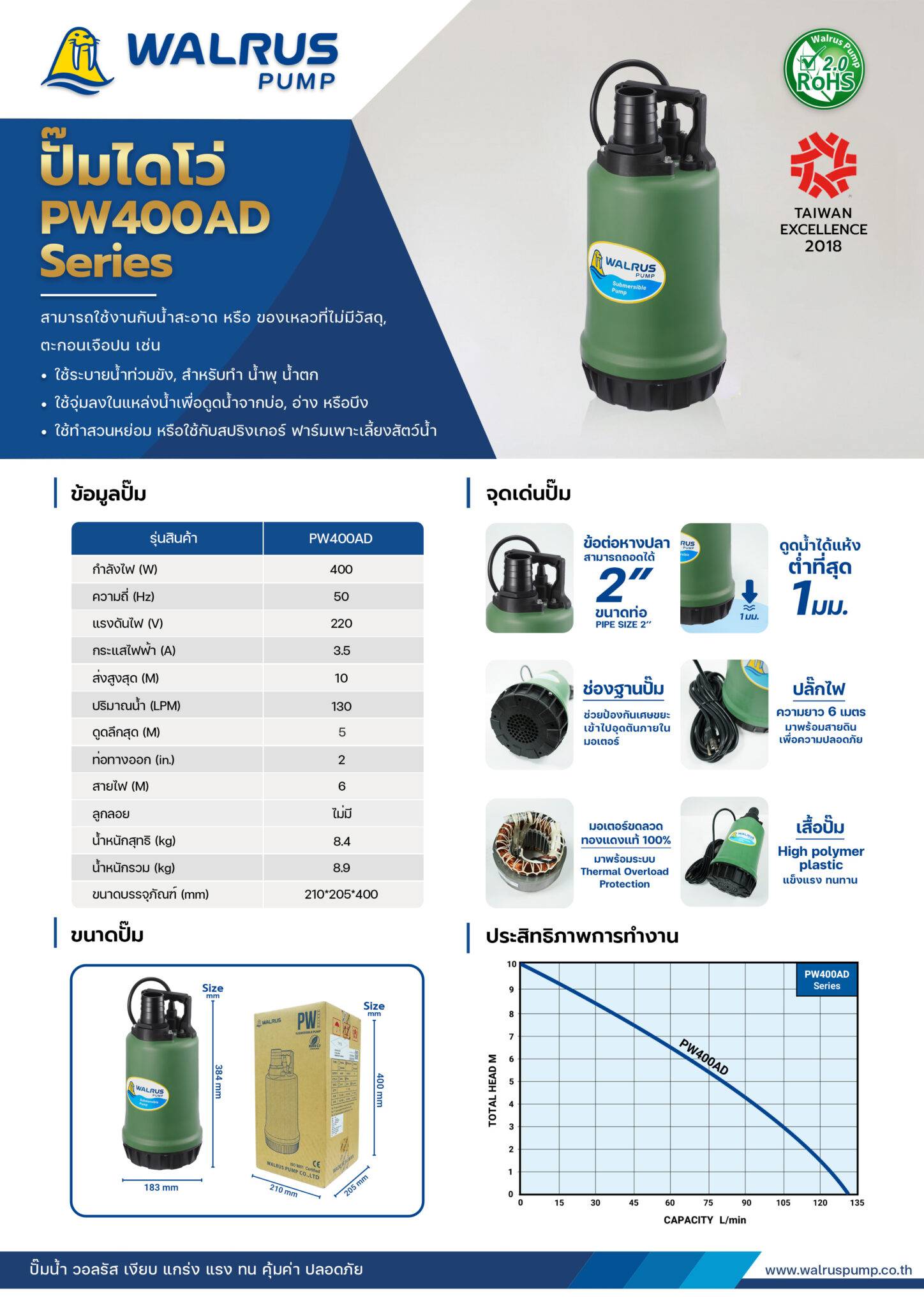 จำหน่าย ปั๊มไดโว่ submersible pump PW400AD ปั๊มน้ำอัตโนมัติ คุณภาพ - walrus pump