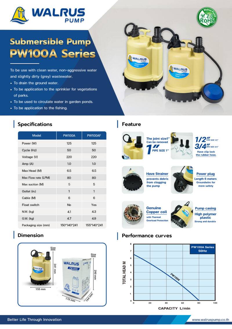 จำหน่าย ปั๊มไดโว่ Submersible Pump PW100A คุณภาพเยี่ยม