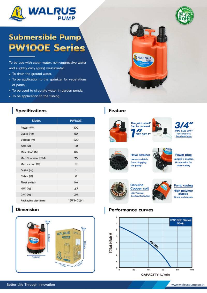 จำหน่าย ปั๊มไดโว่ Submersible Pump PW100E คุณภาพเยี่ยม